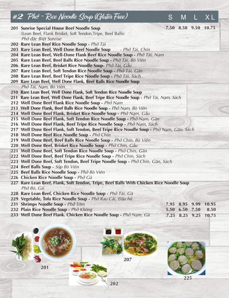 Menu - Pho Sunrise